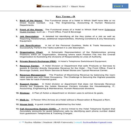 Room Division Key Terms | PDF