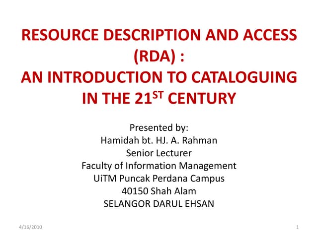 Fundamentals of RDA: Resource Description & Access