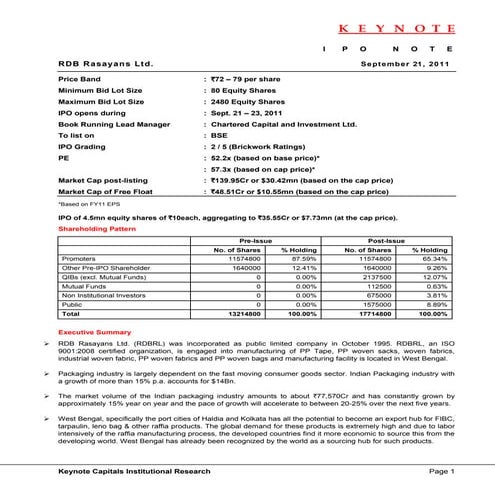 Rdb rasayans ipo note (keynote capitals) | PDF | Business Accounting & Finance | Business