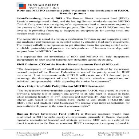 RDIF and METRO announce a joint investment in the development of FASOL ...