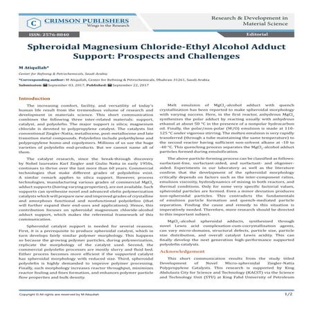 Crimson Publishers-Spheroidal Magnesium Chloride-Ethyl Alcohol Adduct ...