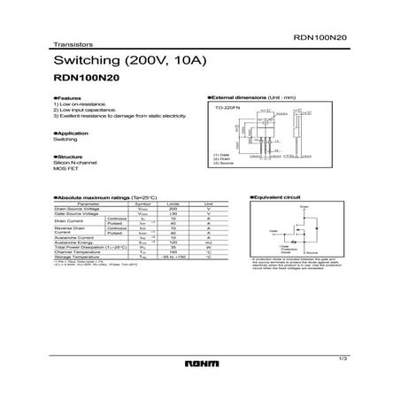 Original MOSFET N-CHANNEL RDN100N20 RDN100N TO-220 200V 10A New | PDF
