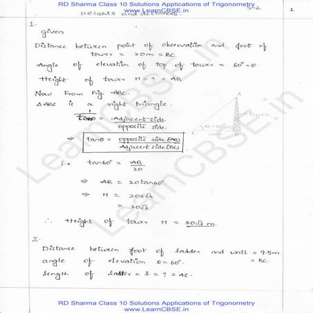 Rd sharma class 10 solutions some applications of trigonometry | PDF