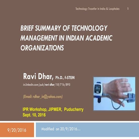 Dr. Ravi Dhar Summarizes Technology Transfer India 2016 | PDF
