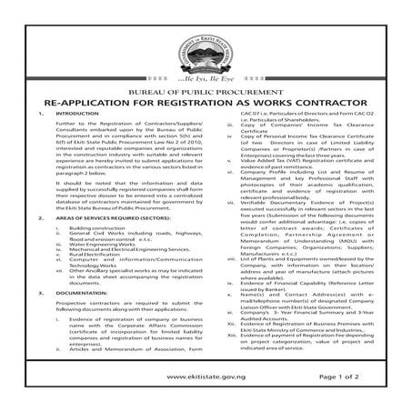 TENDERS: Re-Application For Registration As Works Contractor | PDF