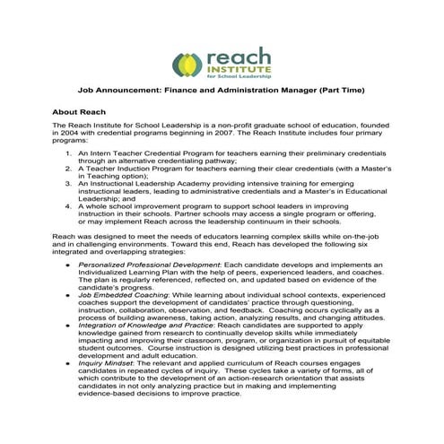 Reach Institute Seeks Finance & Administration Manager | PDF