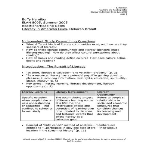 Reactions And Reading Notes To Literacy In American Lives June 2005 ...