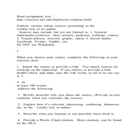 Read assignment text httpclassics.mit.eduSophoclesoedipus.htm