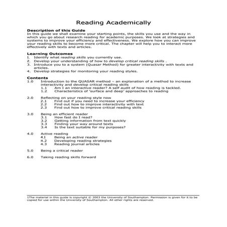 Reading academically Word doc | DOC | Educational Assessment | Education
