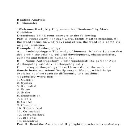 Reading AnalysisC. StammlerWelcome Back, My Ungrammatical S.docx ...