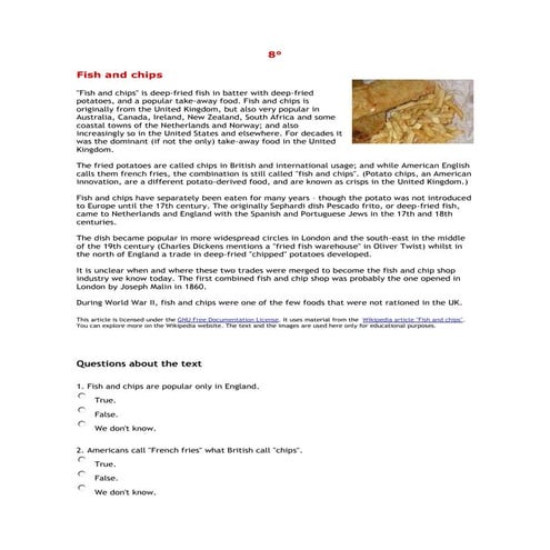 Reading comprehension fish and chips | DOCX