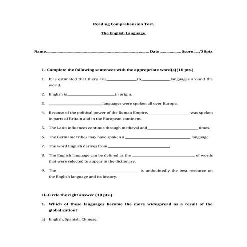 Reading comprehension test the english language | PDF