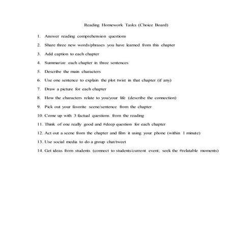 Reading Homework Tasks (Choices for Students) | PDF