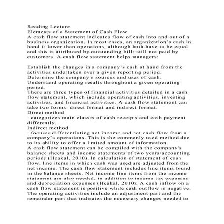 Reading LectureElements of a Statement of Cash FlowA cash flow s.docx