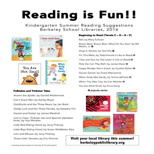 Summer Reading List: Kindergarten 2016 | PDF