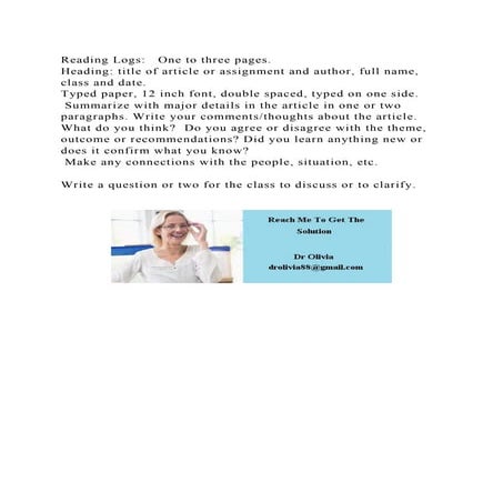 Reading Logs One to three pages.Heading title of article or as.docx