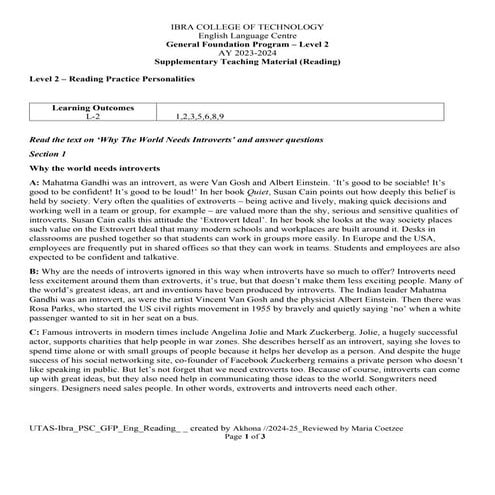 Reading Practice Personalities a activity | DOCX