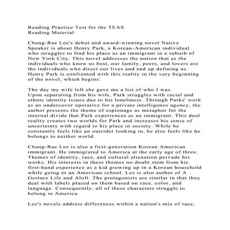 Reading Practice Test for the TEAS Reading MaterialChang-Rae L.docx