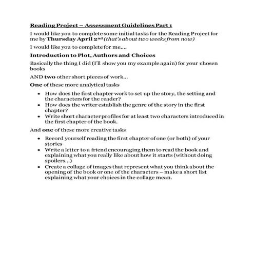 Reading project assessment guide part 1 | PDF