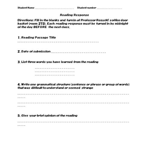 Reading response 2011sheet-1 | PDF