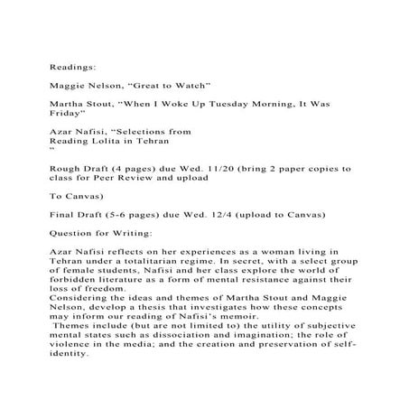 Readings Maggie Nelson, Great to Watch”Martha Stout, .docx