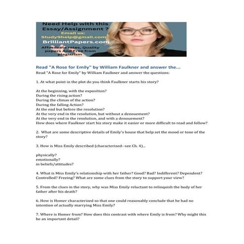 A rose for Emily - William Faulkner (Questions with answers) | DOCX