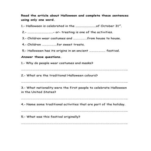 Read the article about halloween and complete these sentences using ...