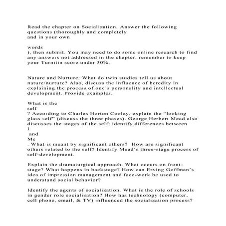 Read the chapter on Socialization. Answer the following questions (t.docx