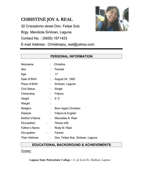 Curriculum Vitae Sample Format | PDF