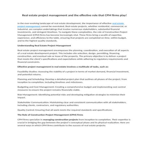 Real estate project management and the effective role that CPM firms ...