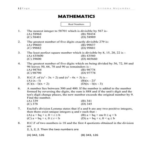 CBSE - Grade 10 - Mathematics - Real Numbers - Multiple Choice ...