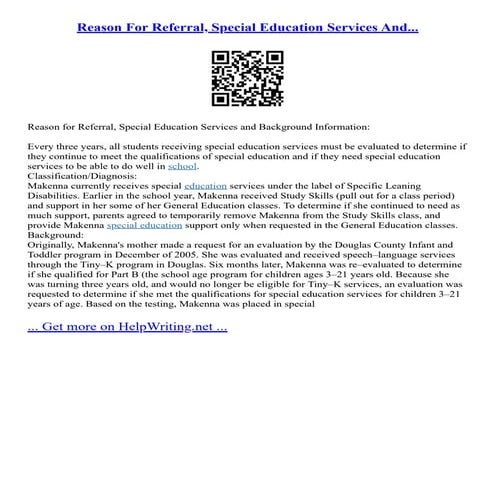 Reason For Referral, Special Education Services And... | PDF