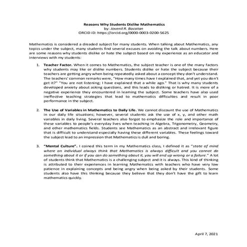 Reasons why students hate mathematics | PDF