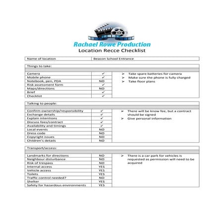 Recce checklist for beacon school entrance | DOC