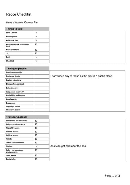 Recce checklist for nork park | PDF