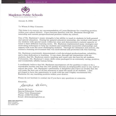 Recomendation From Special Education Teacher Sandra De Leon | PDF