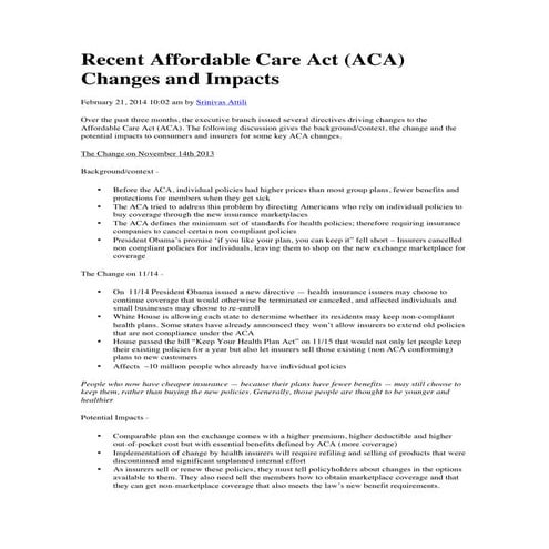 Recent Affordable Care Act (ACA) changes and impacts | PDF