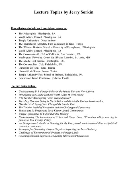 Lecture topics presented by jerry sorkin | PDF