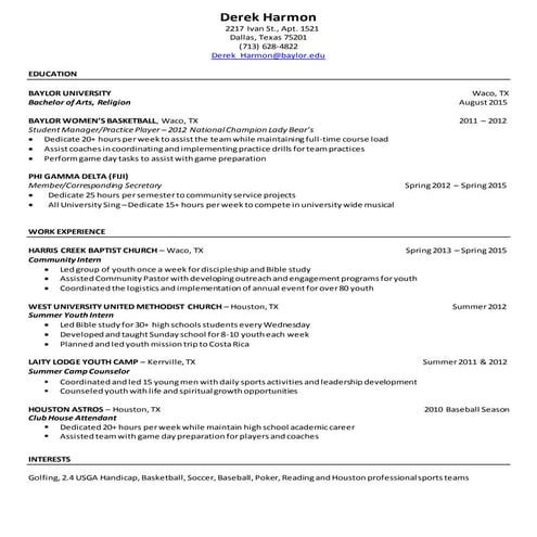 Derek Harmon Resume as of 4/6/2016 | DOCX | Undergraduate Education ...