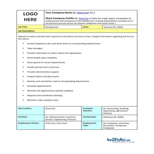Receptionist Job Description Template by Bayt.com