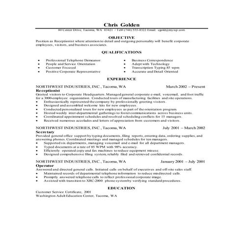Receptionist (best) CV template | DOCX