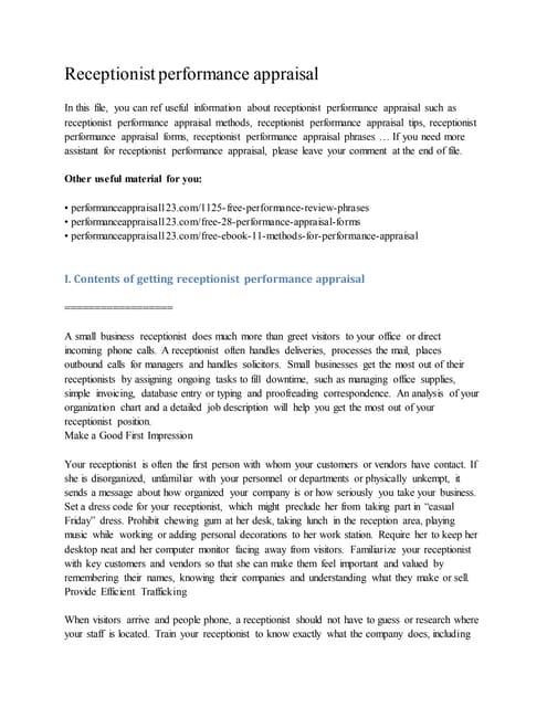 Sample receptionist performance appraisal | DOC | Resume Writing and ...