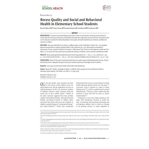Recess Quality and Social and Behavioral Health in Elementary School ...