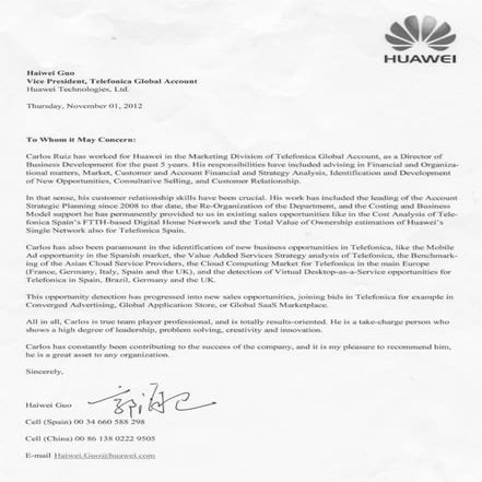Recommendation Letter | Guo Haiwei | VP Strategic Marketing | Telefonica Global Account Huawei | PDF