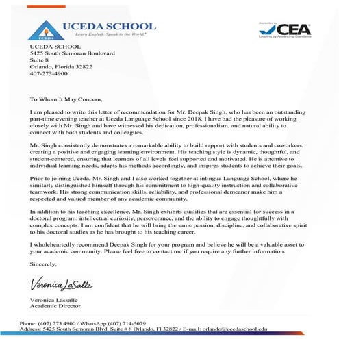 Recommendation Letter about Deepak (Danny) Singh from Uceda School on ...