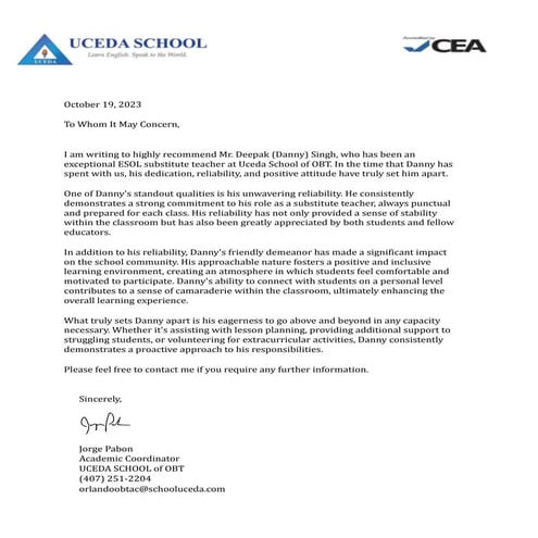 Recommendation Letter from Uceda School Orange Blossom Trail for Deepak ...