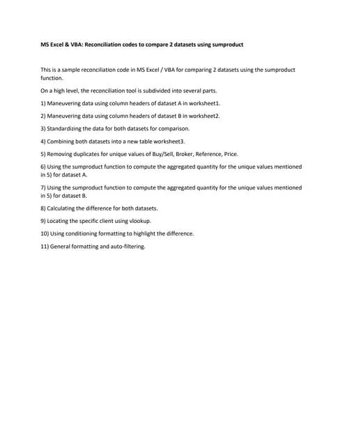 Ms Excel And Vba Reconciliation Codes To Compare 2 Datasets Using Sumproduct Pdf