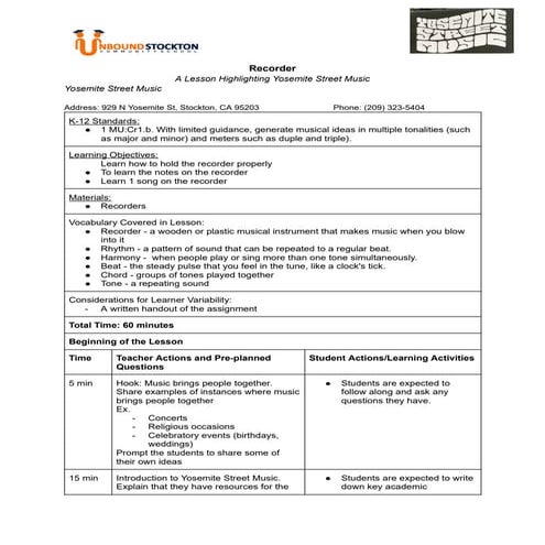 Recorder Lesson Plan for Elementary Students | PDF