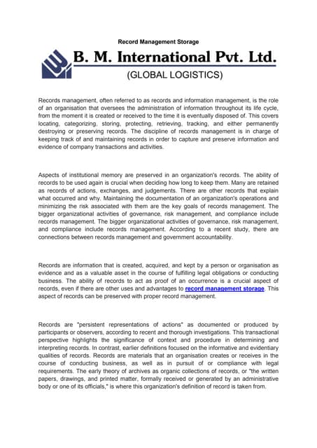 OVERVIEW OF RECORDS MANAGEMENT. | DOCX | Law