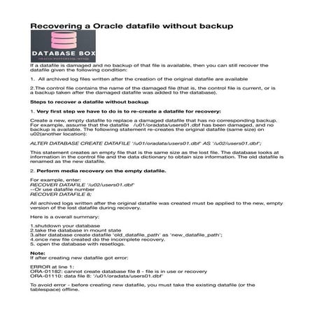 Recovering A Oracle Datafile Without Backup Pdf